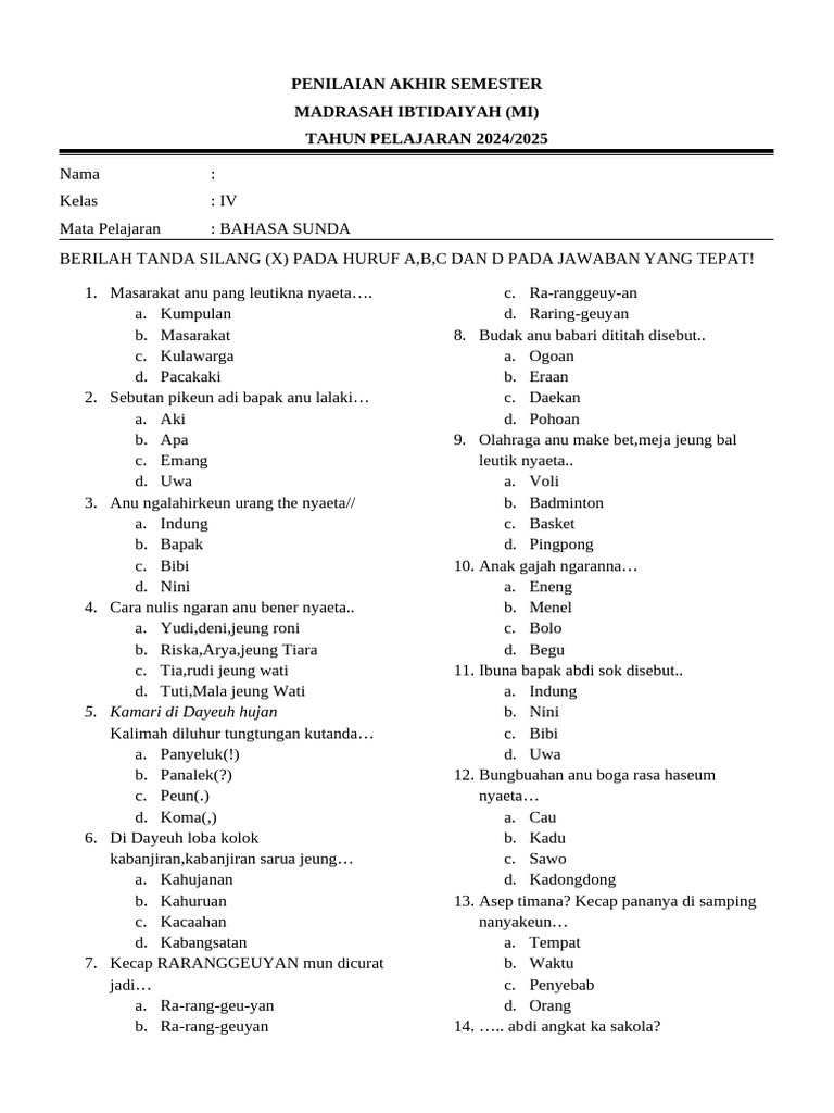 2.Soal--SUNDA-Kelas-4 (Autosaved) (Autosaved) | PDF