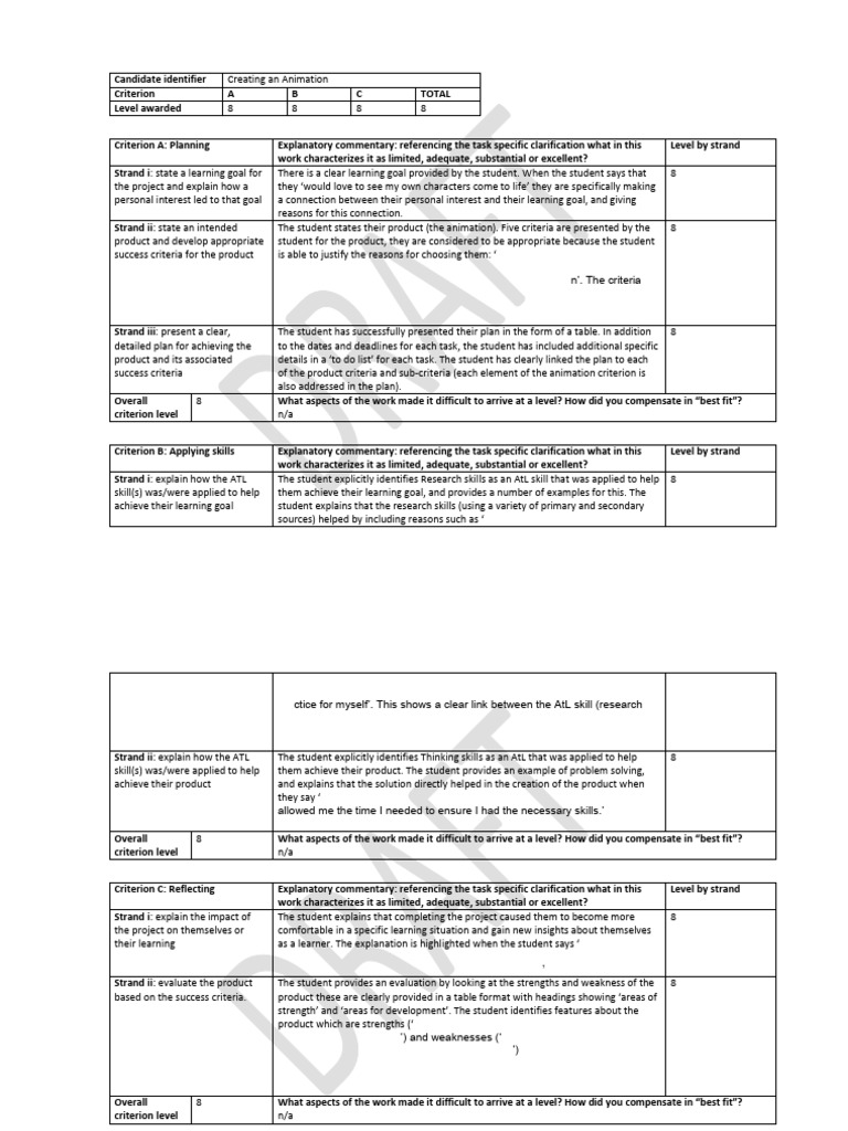 EN 1 Creating An Animation Assessment Comments | PDF | Goal | Learning