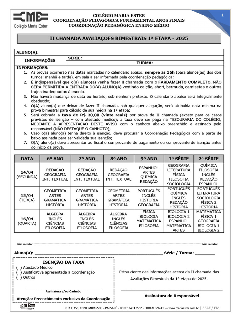 Informativo - 2 Chamada Av. Bimestral 1 Etapa - 2025 | PDF