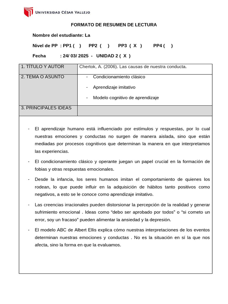 FORMATO DE RESUMEN DE LECTURA 2025 (1) | PDF | Condicionamiento clásico ...
