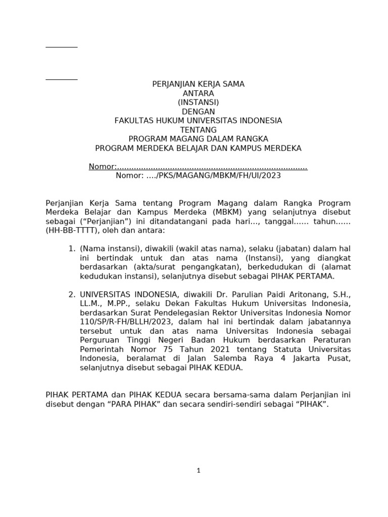 (Correct) New - Template Draft Pks MBKM Fhui-Instansi 2023 | PDF