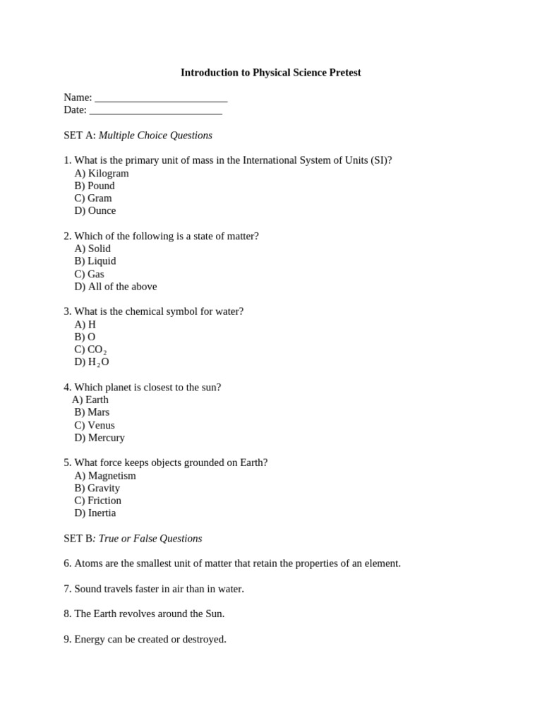 Physical Science Pretest | PDF