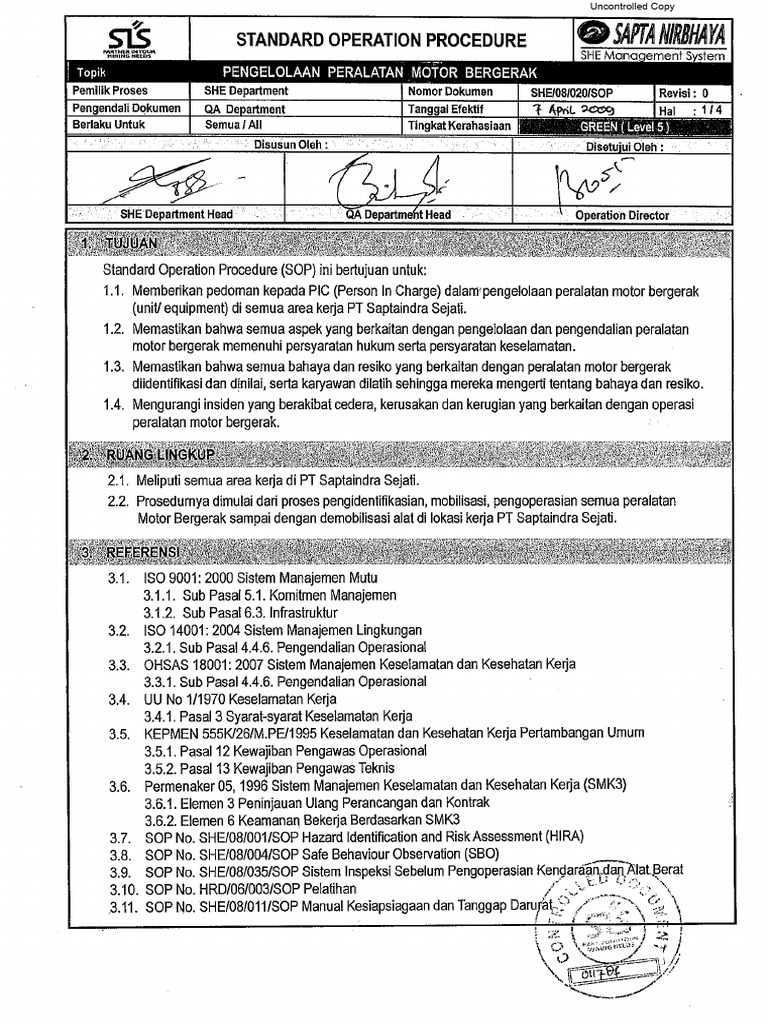 SHE 08 020 SOP Pengelolaan Peralatan Motor Bergerak | PDF
