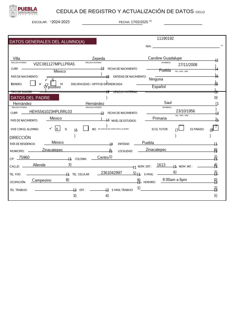 Cedula de Registro Y Actualización de Datos: Datos Generales Del Alumno (A) | PDF | Gobierno