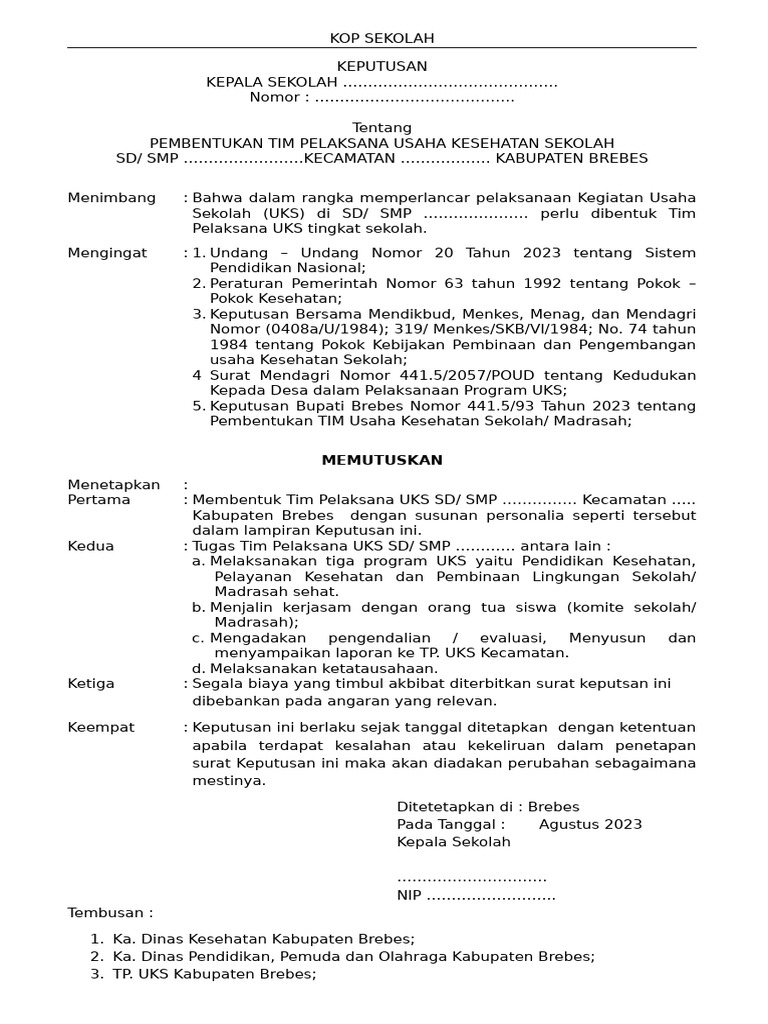 Contoh Surat Keputusan UKS Sekolah | PDF