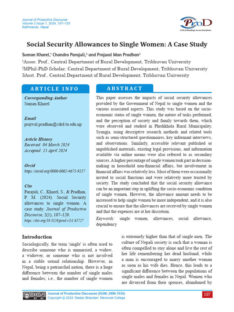 Social Security Allowances To Single Women A Case Study - Chandra Parajuli, Suman Kharel and ...