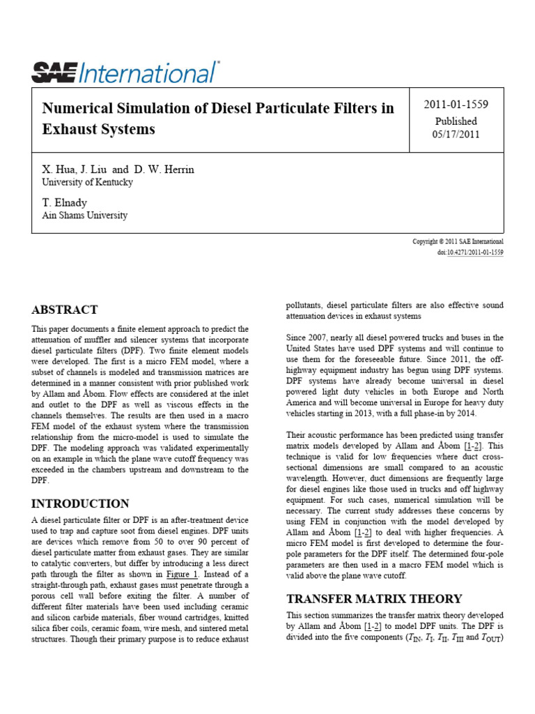 Numerical Simulation of Diesel Particulate Filters in Exhaust Systems | PDF | Mechanical Engineering