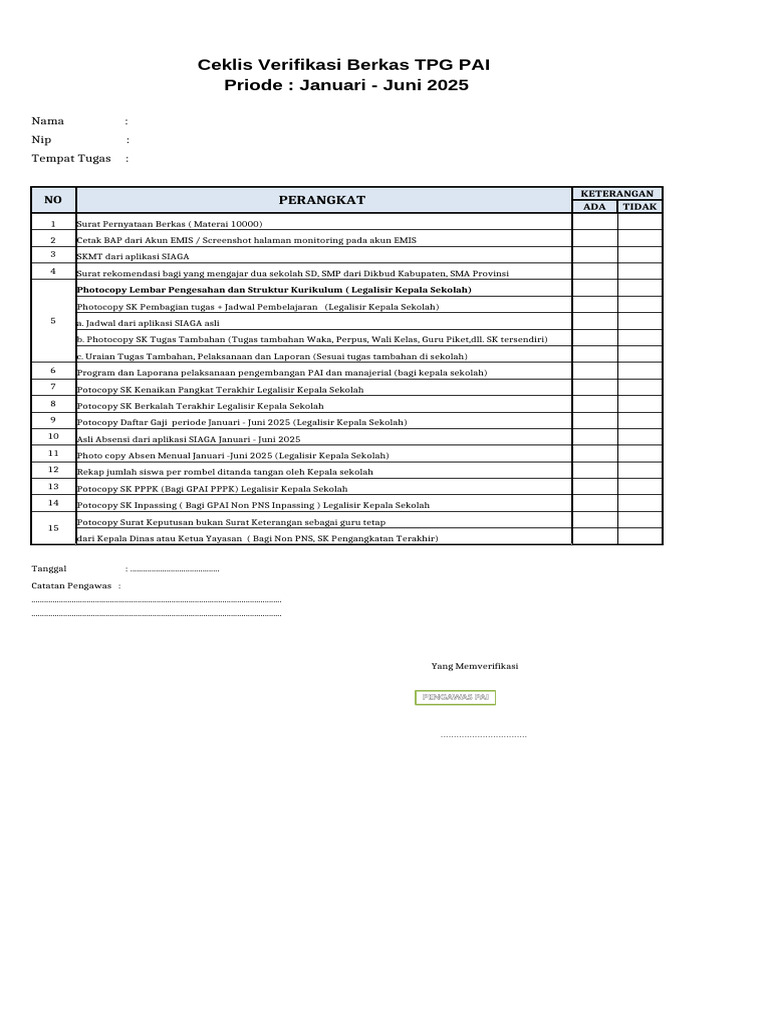 Ceklis Verifikasi Berkas TPG Pai Baru | PDF