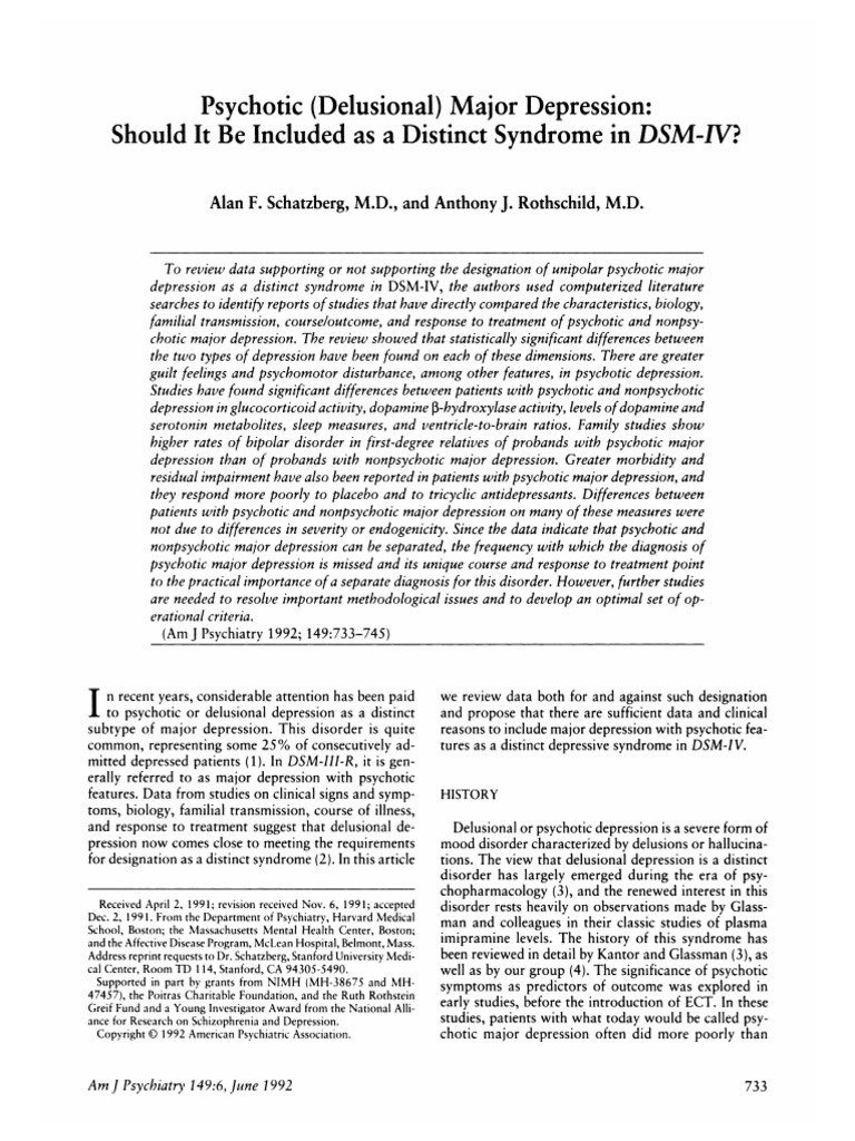 Psychotic Delusional Major Depression Should It Be Included As A 1992 ...