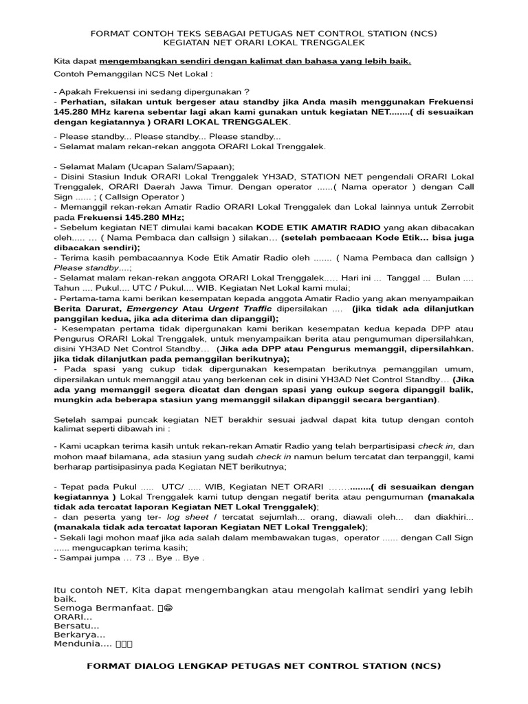 Format Dialog Lengkap Petugas Net Control Station (NCS) Orari Lokal ...