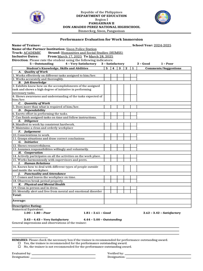 Performance Evaluation Form 24-25 | PDF | Performance Appraisal ...