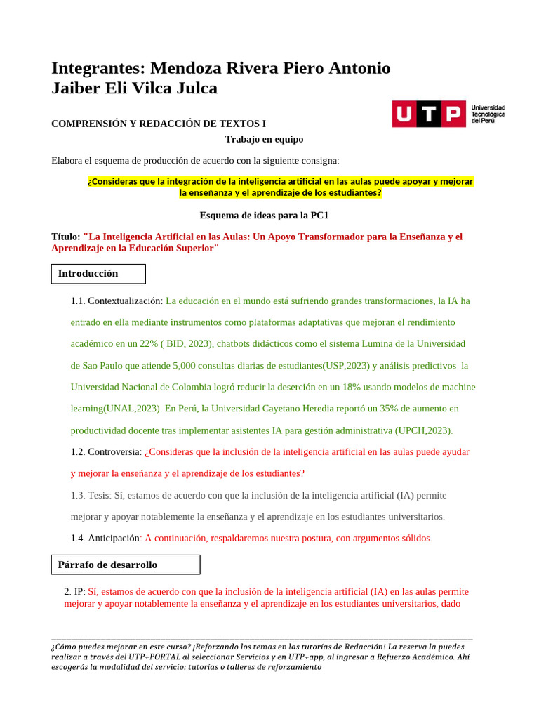 S06 - S1-Esquema para PC1 (Material) 2025 - TCTJGW | PDF | Inteligencia artificial ...
