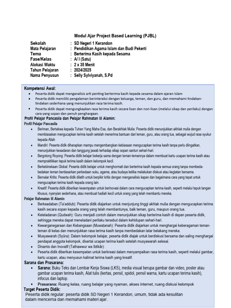 Modul Ajar Project Based Learning PJBL Kelas 1 Peerteaching | PDF
