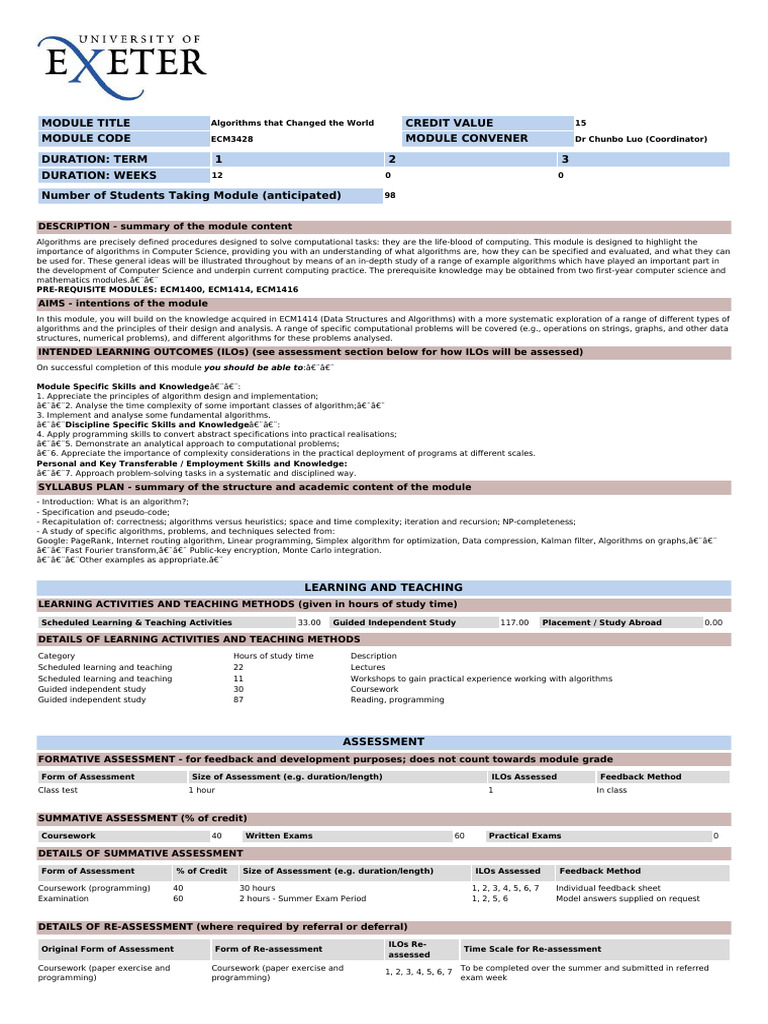 Module ECM3428 (2022) Algos That Changed The World | PDF | Algorithms | Computer Science