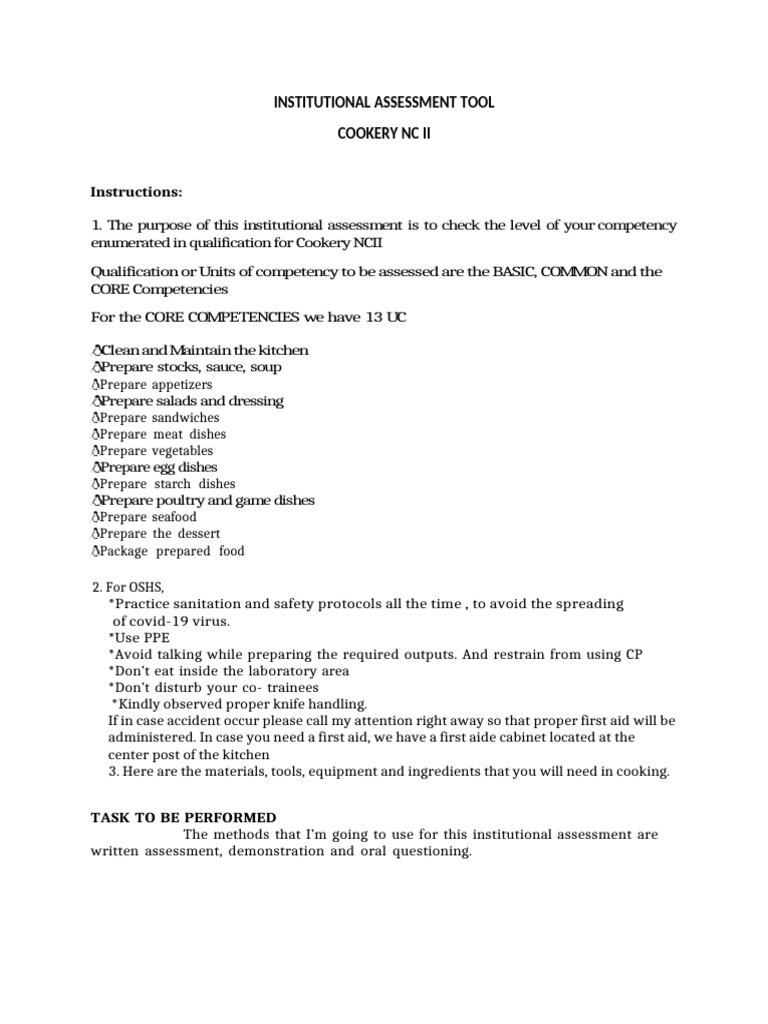 Institutional Assessment Tool Cookery 2 PDF Free766 | PDF | Soup | Cooking