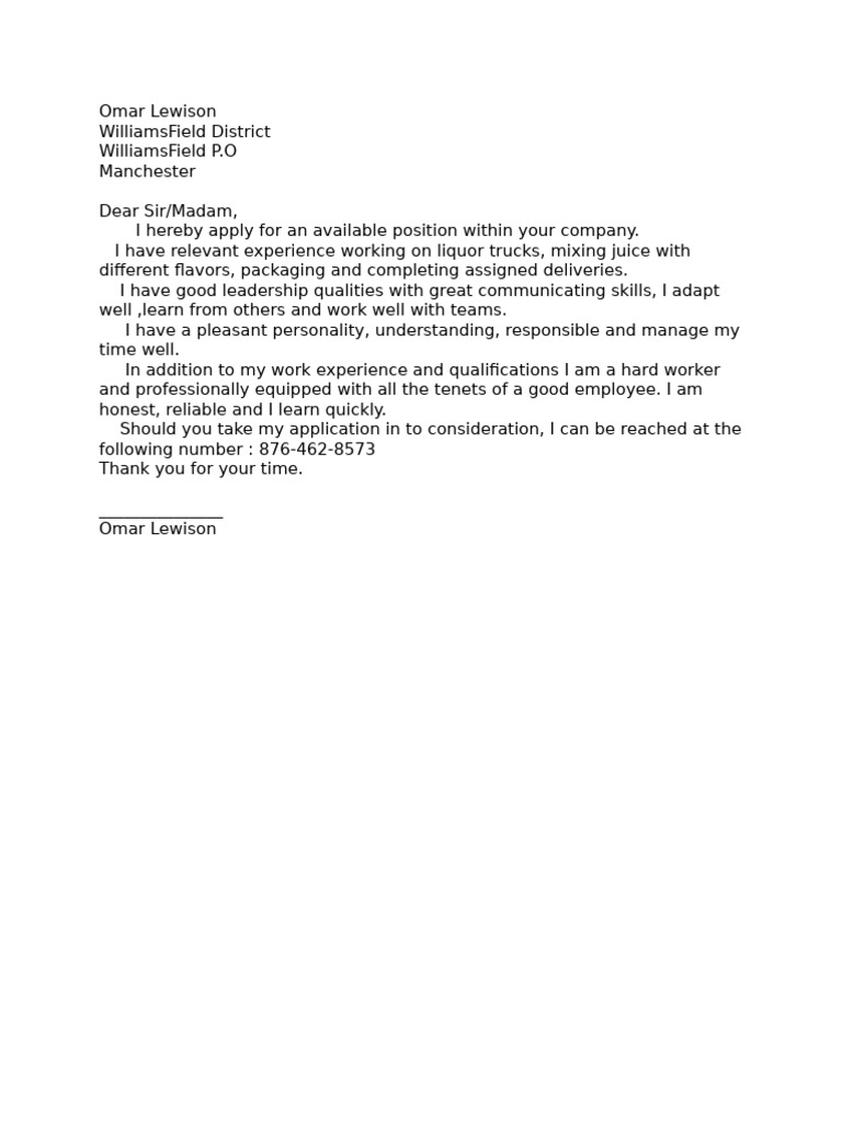 Omar Lewison Cover Letter | PDF