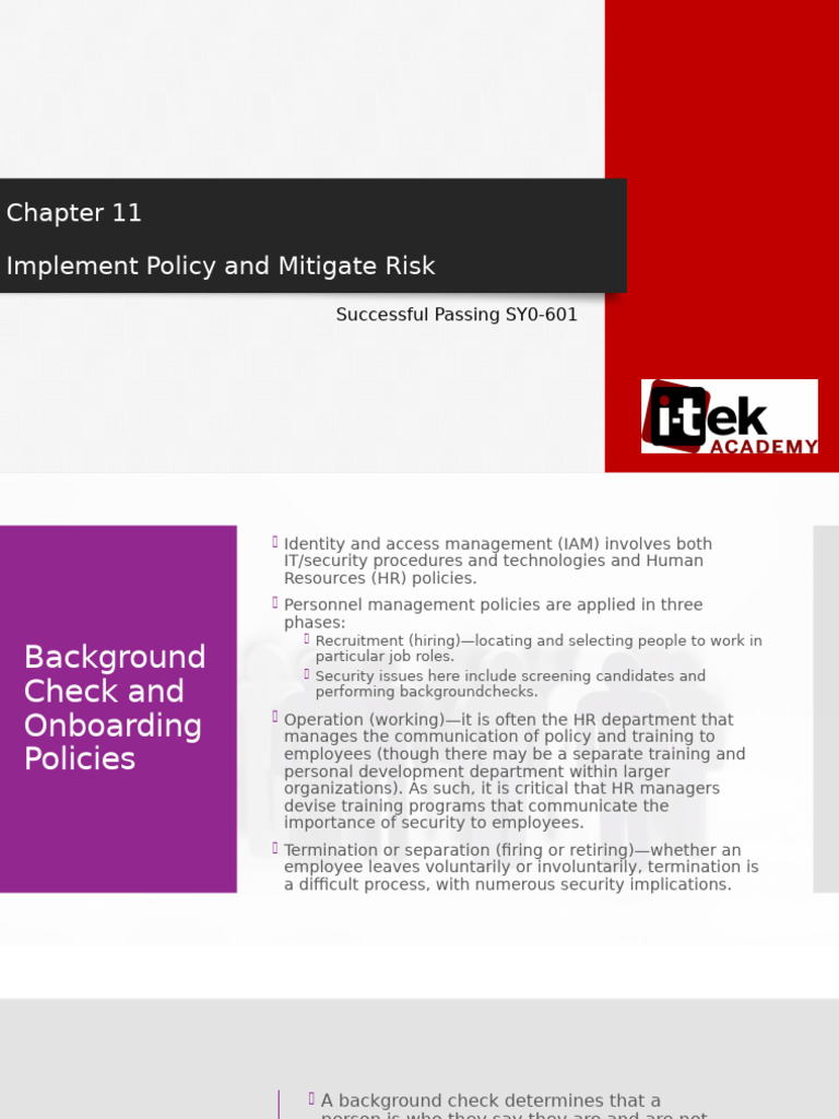 Chapter 11 - Implement Policy and Mitigate Risk | PDF | Computer Security | Security
