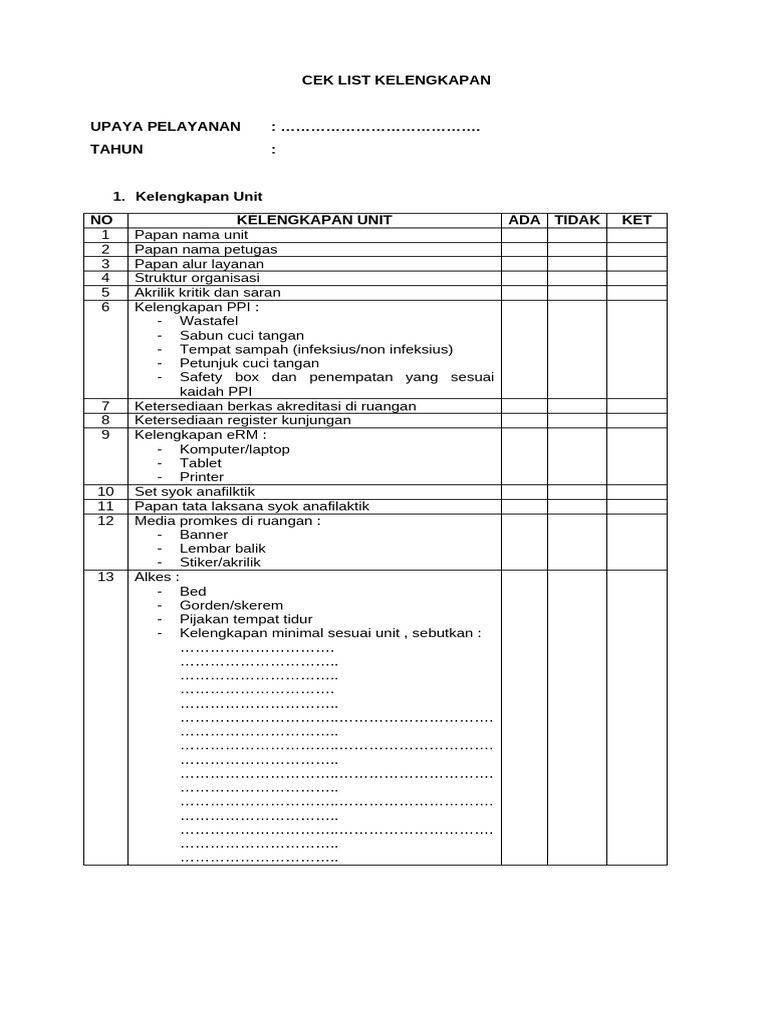 Cek List Kelengkapan Pelayanan Kesehatan | PDF