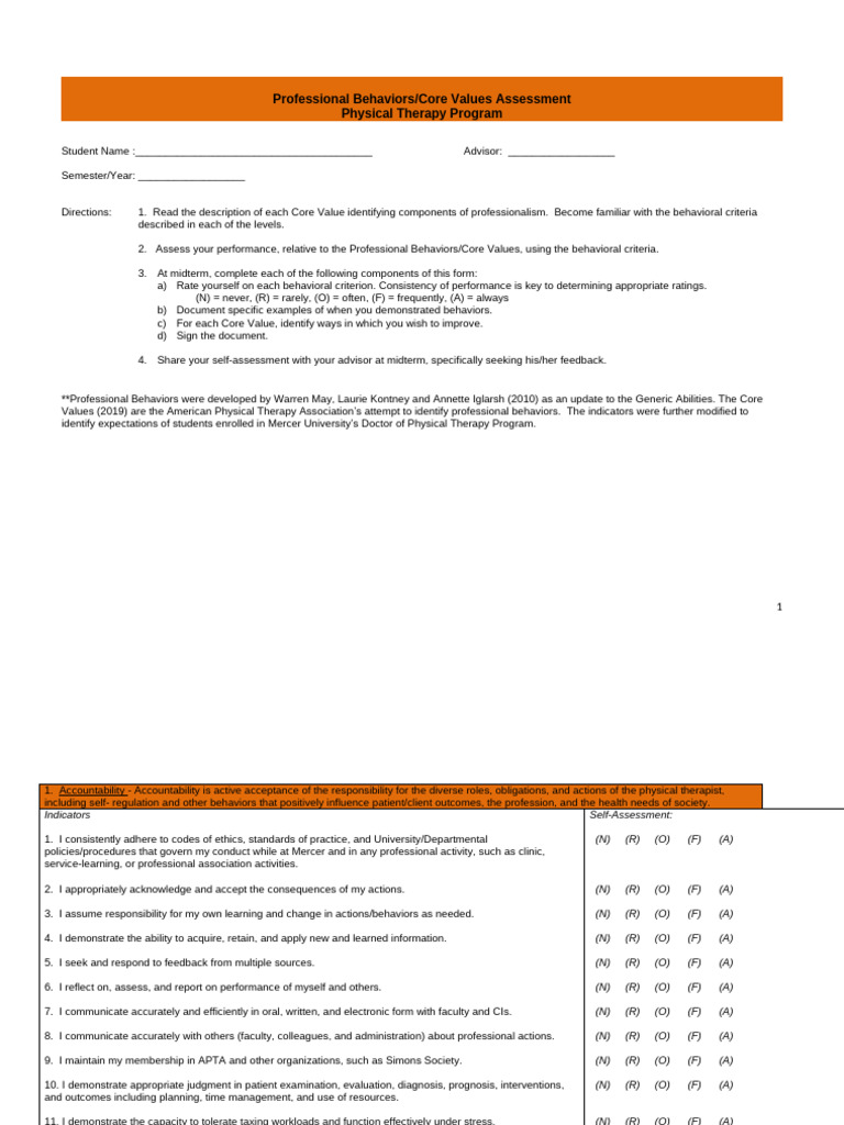 Physical Therapy Professionalism Assessment | PDF | Physical Therapy ...