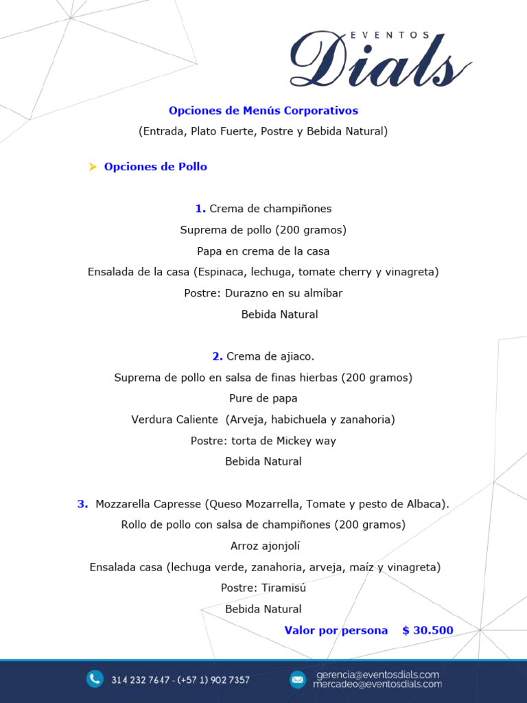 Menú Corporativo: Opciones Variadas | PDF | ensalada | Alimentos