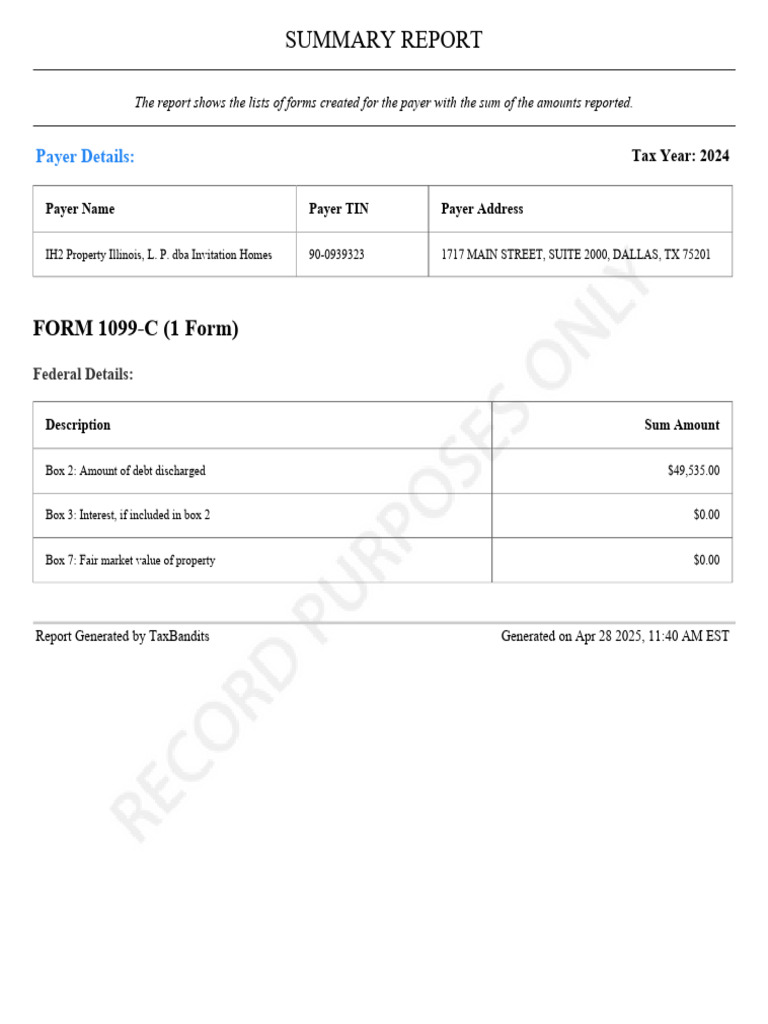 Summary Report: FORM 1099-C (1 Form) | PDF