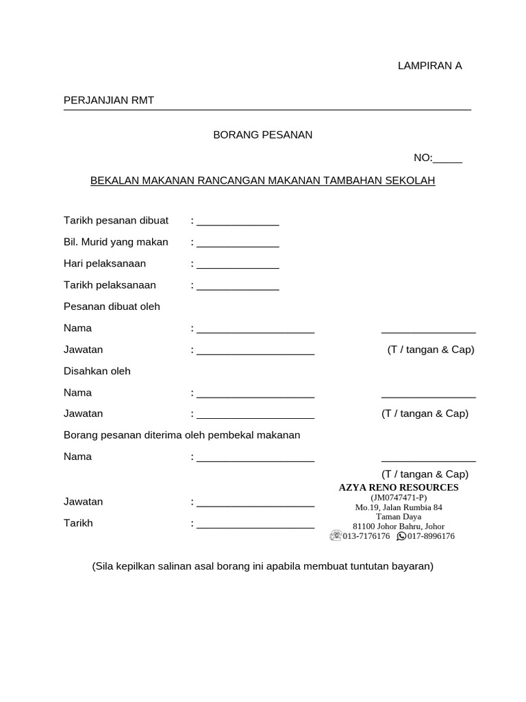 Borang Pesanan RMT 2025 | PDF