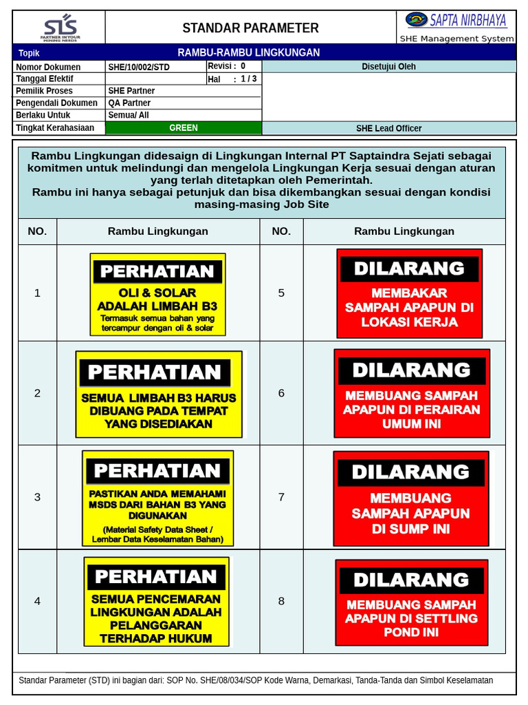 SHE 10 002 R0 STD Rambu-rambu Lingkungan | PDF