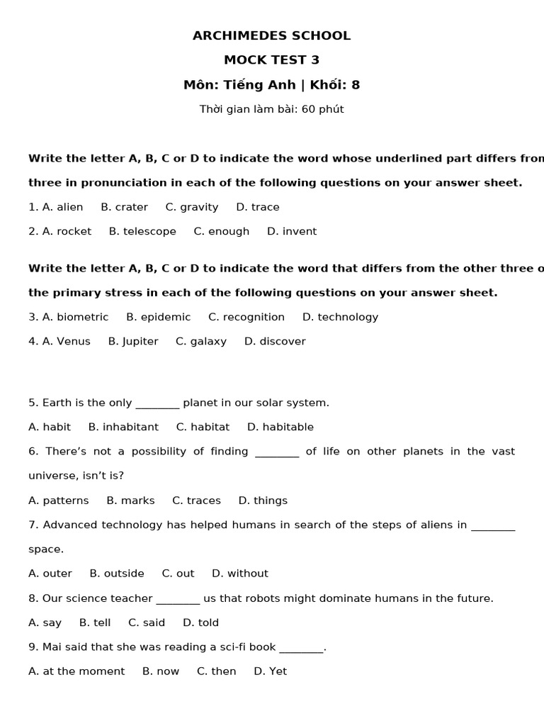 Mock Test 3 English Grade8 | PDF