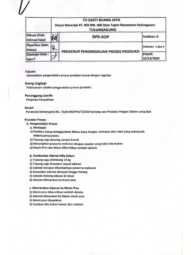 Prosedur Pengendalian Proses Produksi | PDF