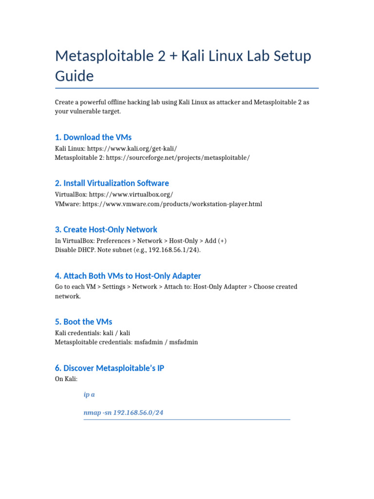 Metasploitable2 Kali Lab Setup Guide | PDF