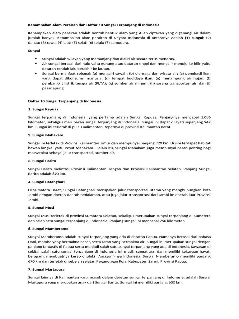 Kenampakan Alam Perairan Dan Daftar 10 Sungai Terpanjang Di Indonesia | PDF