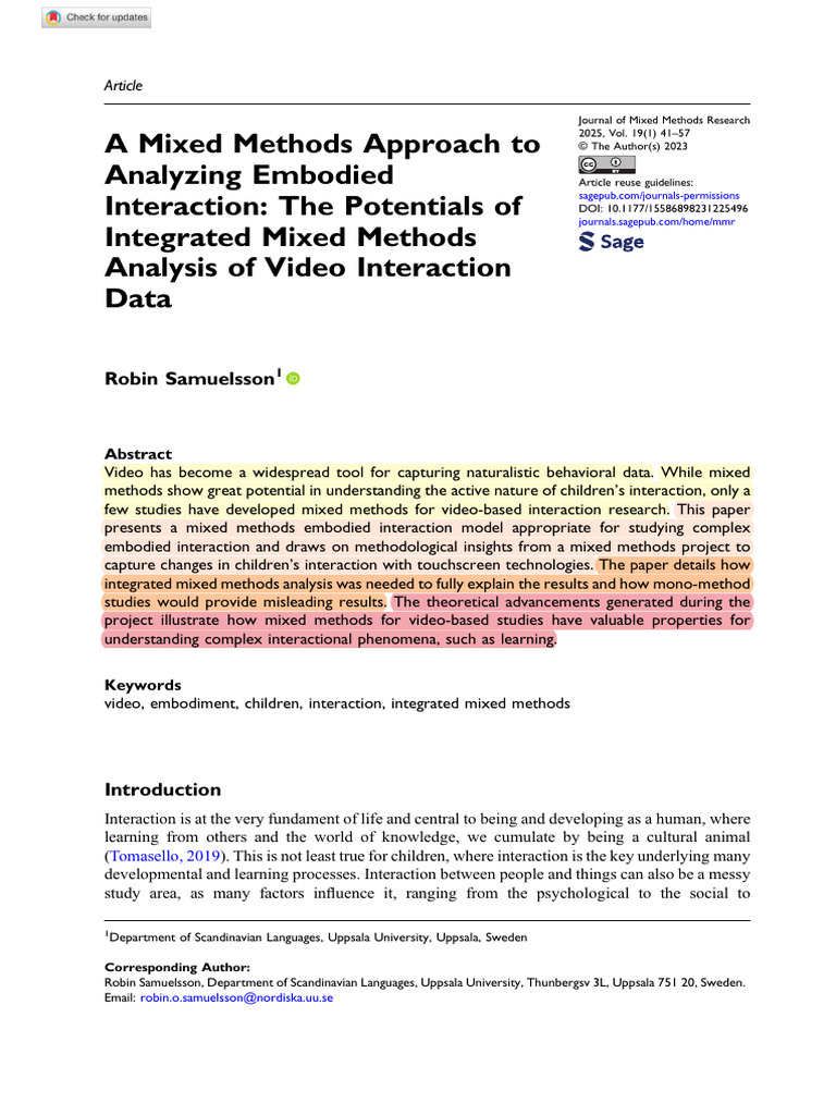 25 A Mixed Methods Approach To Analyzing Embodied Interaction The Potentials of Integrated Mixed ...