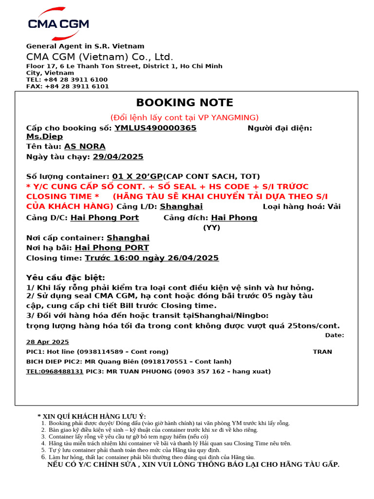 Booking Note - YangMIng | PDF
