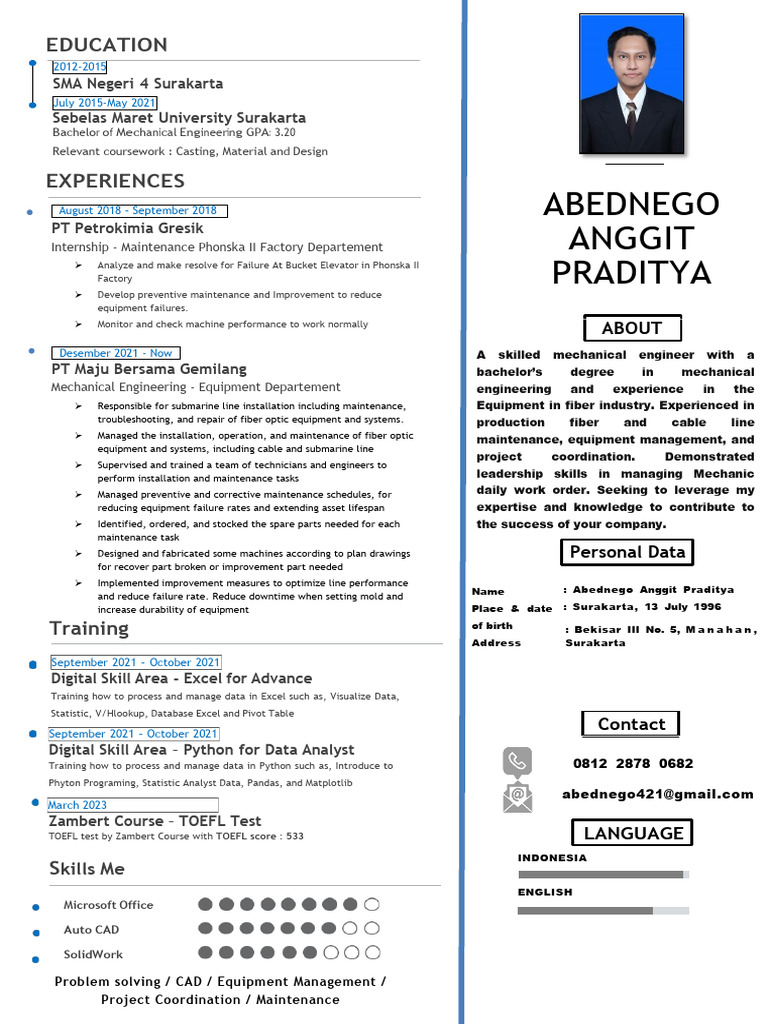 CV - Abednego Anggit Praditya MECHANICAL ENGINEERING Resume | PDF | Engineering | Mechanical ...
