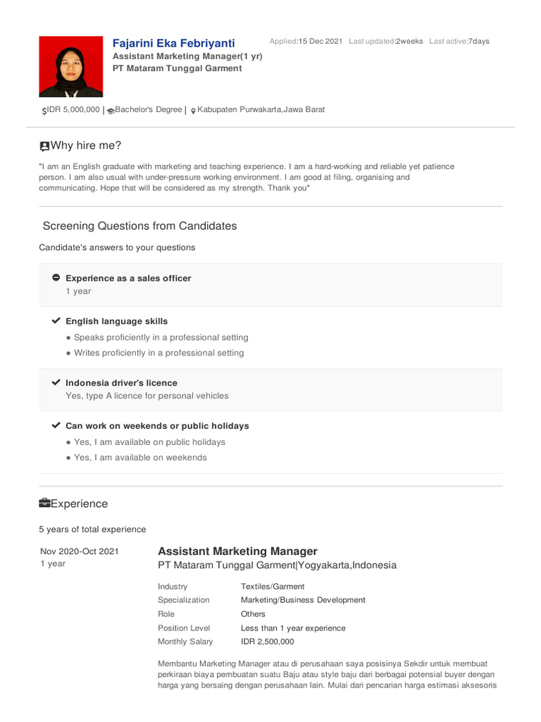 CV Fajarini Eka Febriyanti - Staff Marketing | PDF