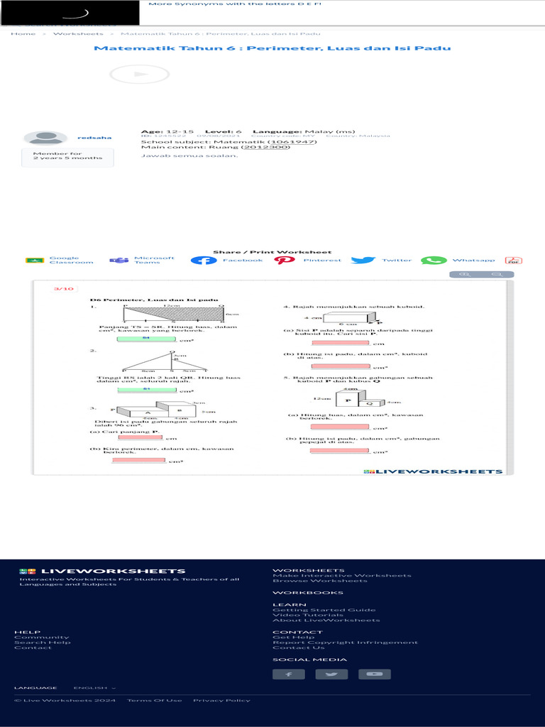 Matematik Tahun 6 Perimeter, Luas Dan Isi Padu | PDF