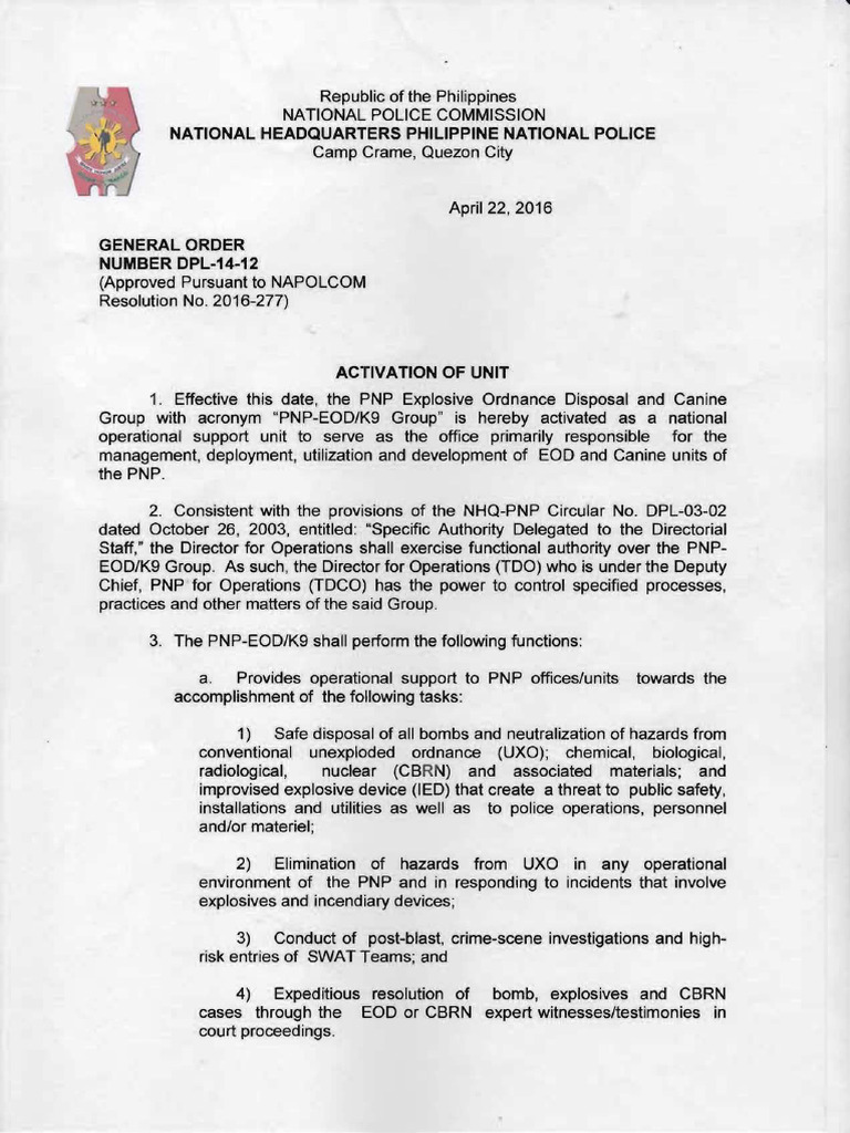 NHQ-PNP-General-Order-Nr-DPL-14-12-Activation-of-EOD-K9-Group - PNP ...