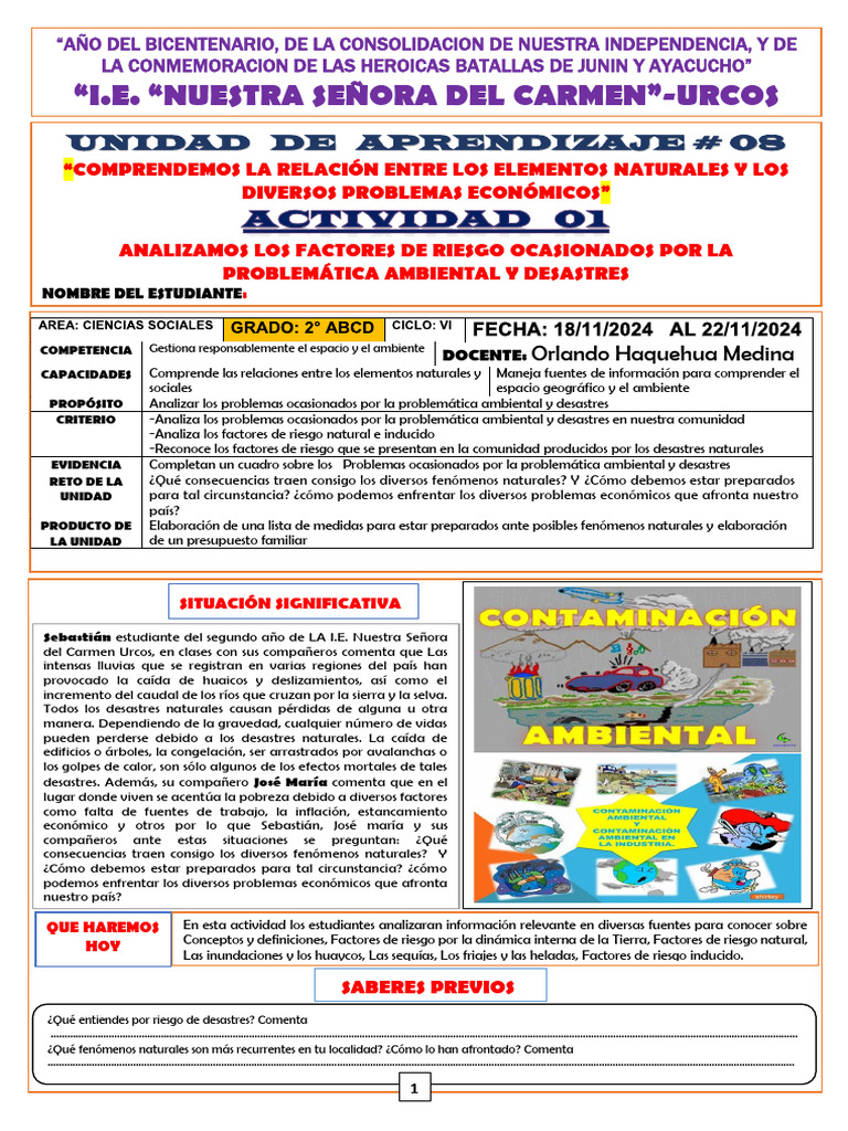 Act.01 CC - Ss2° Unidad 8 | PDF | Riesgo