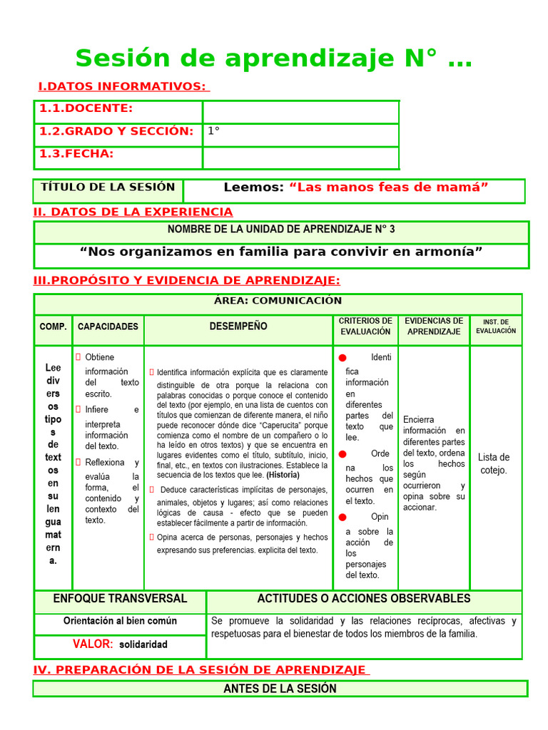 Sesión Leemos Las Manos Feas de Mamà Maestra Janet | PDF | Aprendizaje ...