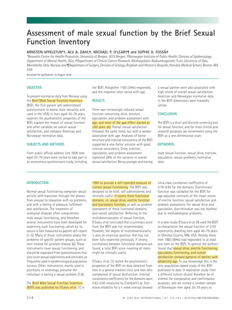 Assessment of Male Sexual Function by The Brief Sexual Function ...