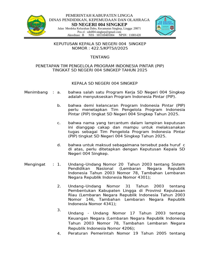 SK Tim Pengelola PIP SD 2025 | PDF