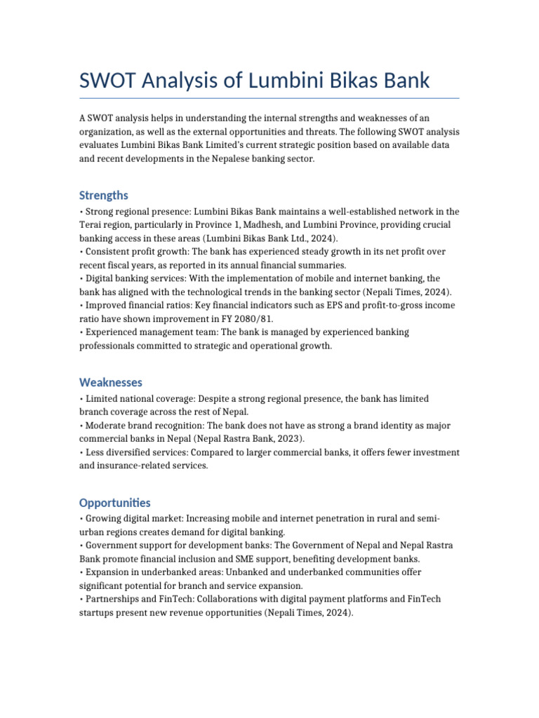 3.8 New Lumbini Bikas Bank SWOT Analysis | PDF | Nepal | Swot Analysis