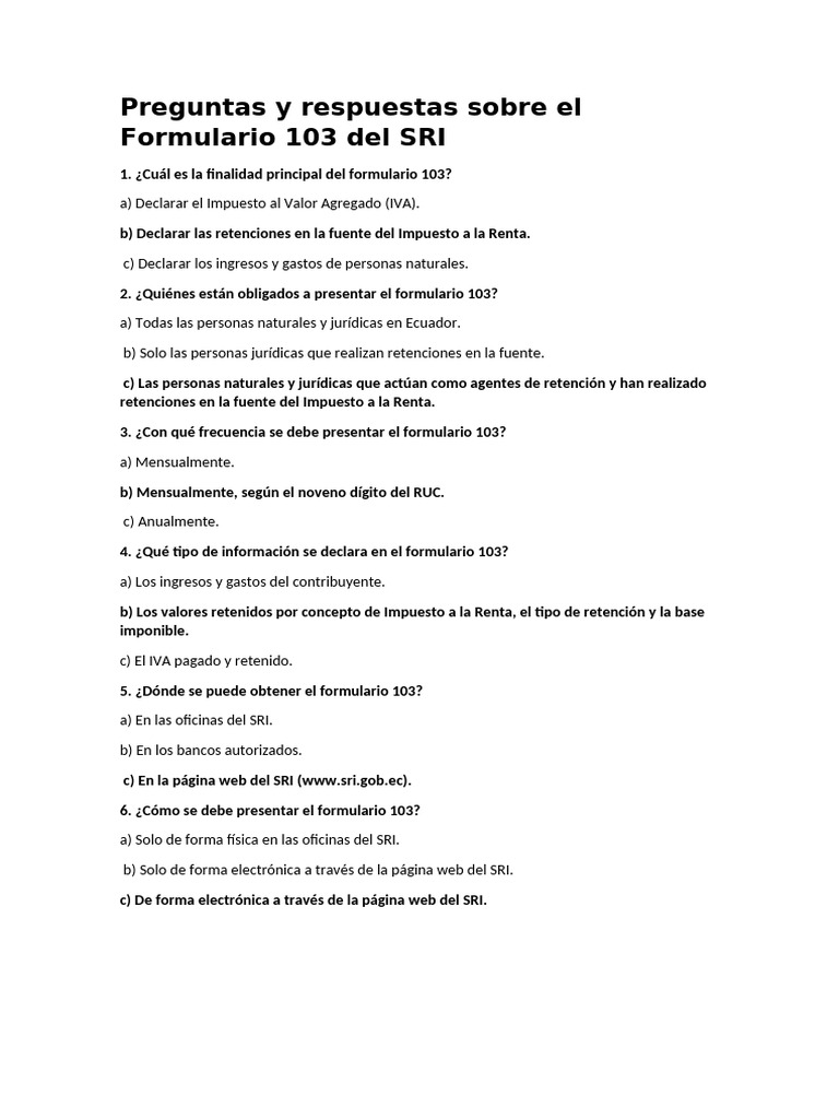 Preguntas Sobre El Formulario 103 Del SRI Corregido | PDF | Impuestos ...