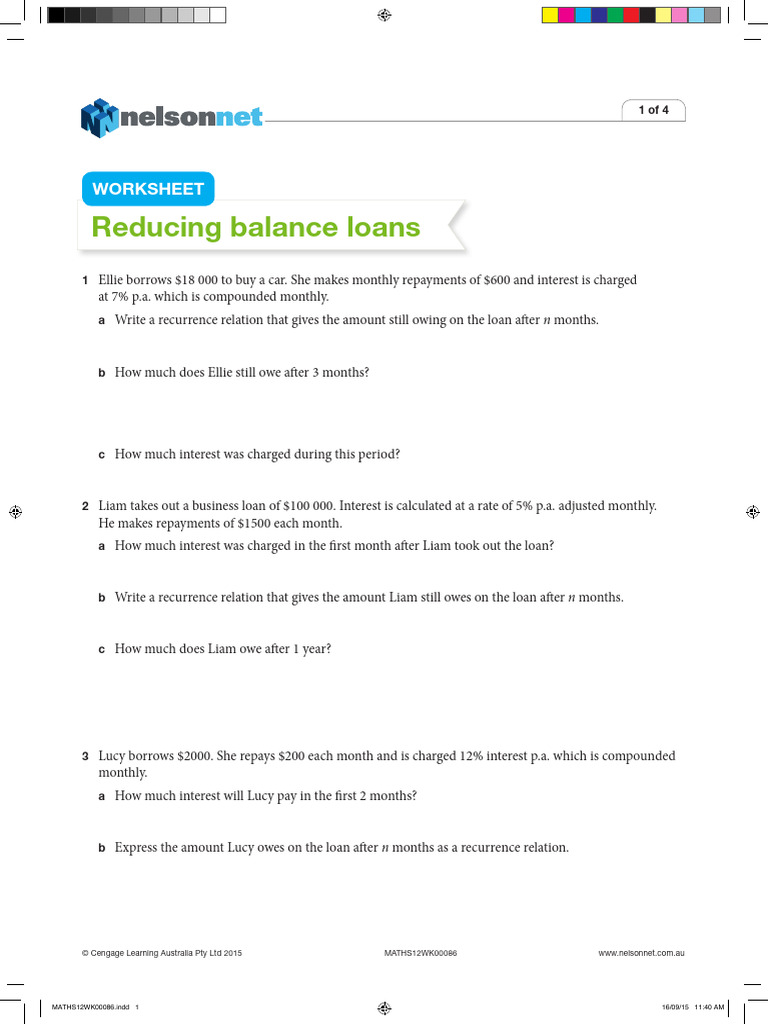 Reducing Balance Loans Worksheet - Recurrence Relations - Extra ...