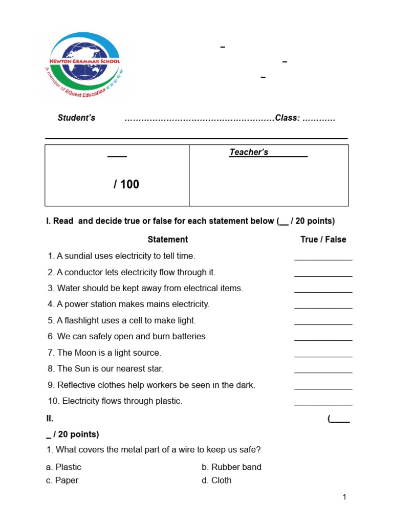 S2 - SC Test 2C 24-25 Approved | PDF | Flashlight | Shadow