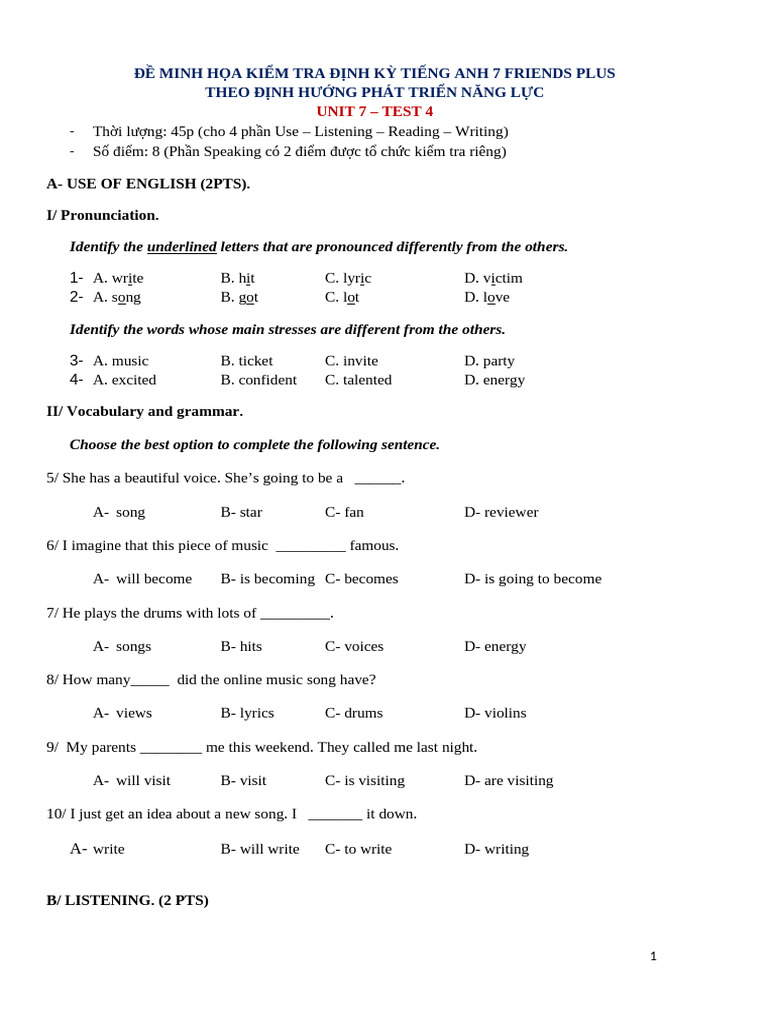 Tiếng anh 7 Friends Plus - Unit 7 - Test 4 | PDF