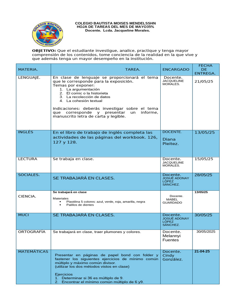 Hoja de Tareas Mayo7° 2025 | PDF | Aprendizaje