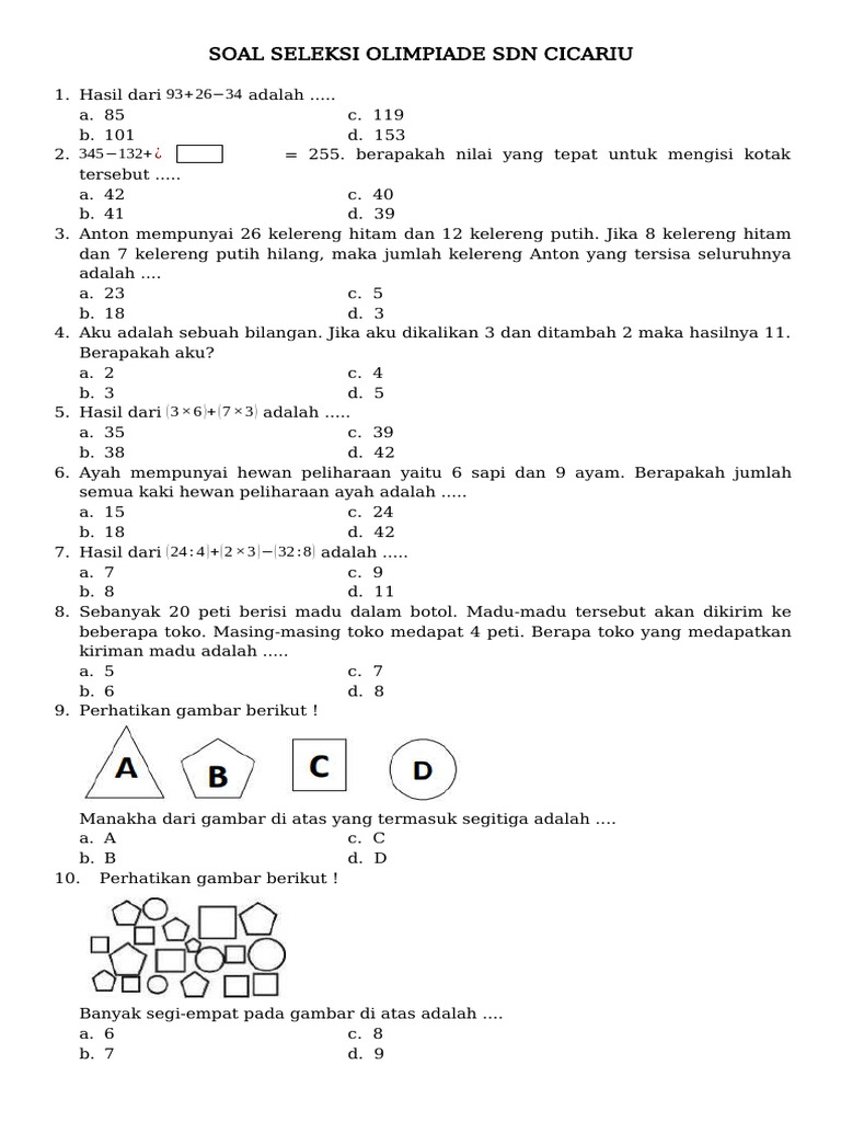 Soal Olimpiade Matematika SD Kelas 1-2 | PDF
