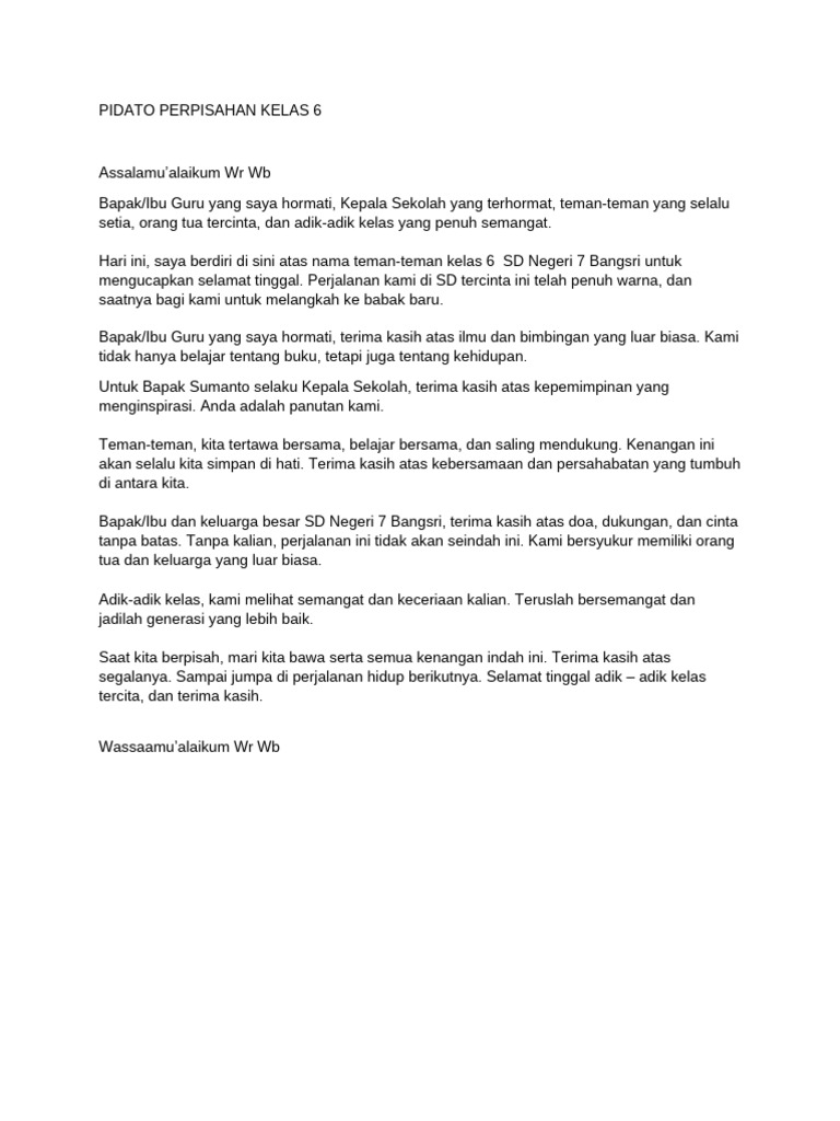 Pidato Perpisahan Kelas 6 SD Negeri 7 | PDF