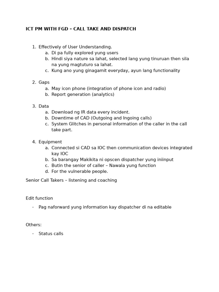 Ict PM With FGD - Call Take and Dispatch | PDF